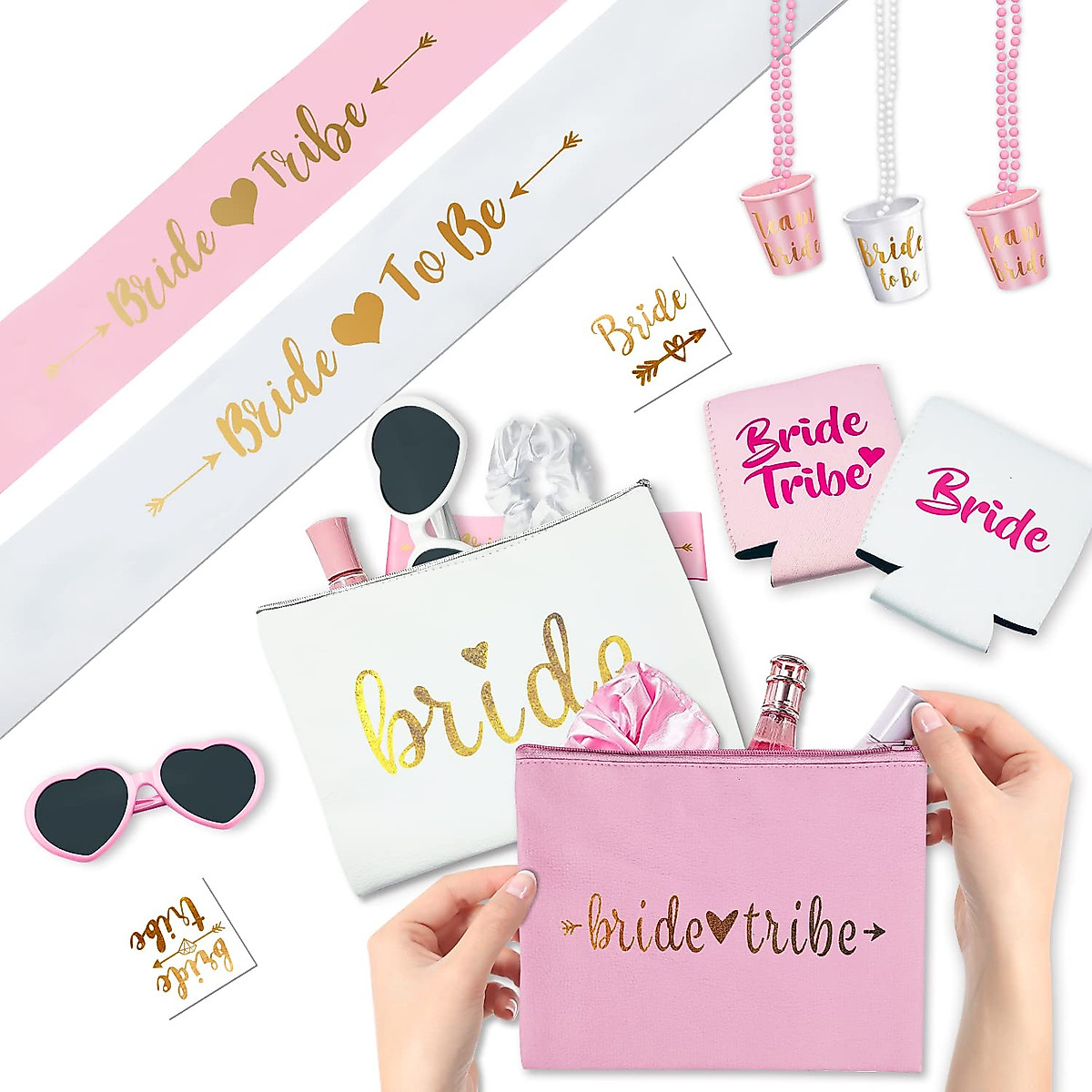 HYOWCHI Bachelorette Party Favors, Bridal Shower Bachelorette Party Decorations Supplies, Bride Sash, Sunglasses, Makeup Bag, Cup, Shot Glasses Necklace, Scrunchies, Tattoo, Bride Veil, Koozies