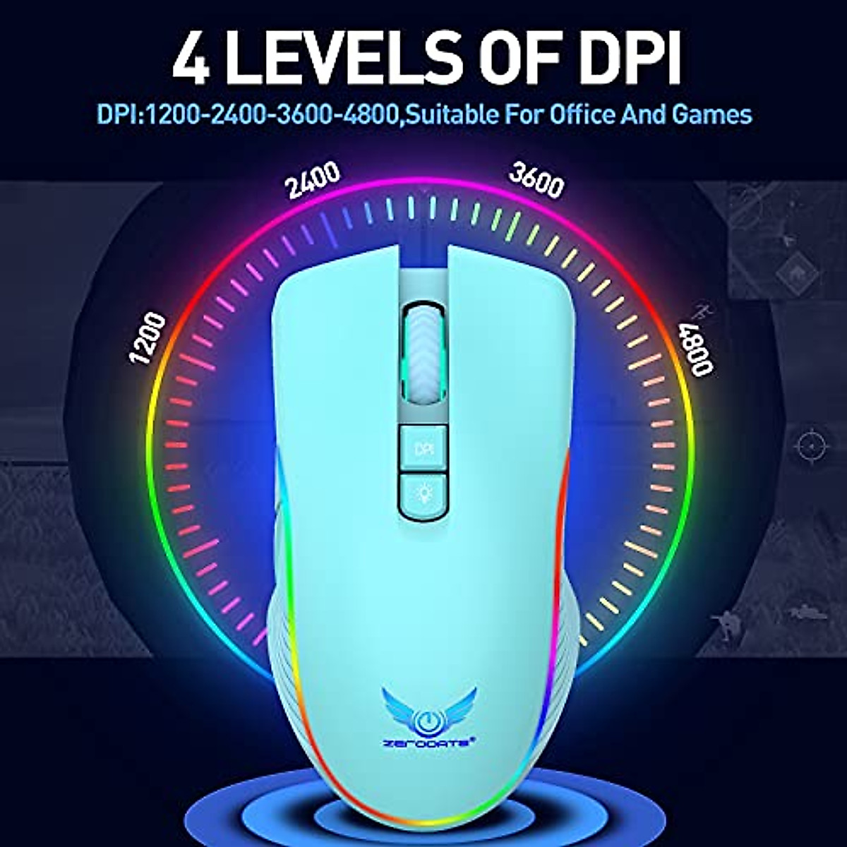 HETOETF Rechargeable Wireless Gaming Mouse, RGB LED Backlit Mouse with 4 Adjustable DPI, 7 Button, 2.4G USB Optical Gaming Ergonomic Computer Mice for Laptop PC Gamer Computer Desktop(Green)