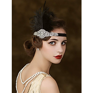 SWEETV 1920s Headpiece Flapper Headband, Rhinestone Feather Great Gatsby Headpiece Hair Accessories for Women (Black)