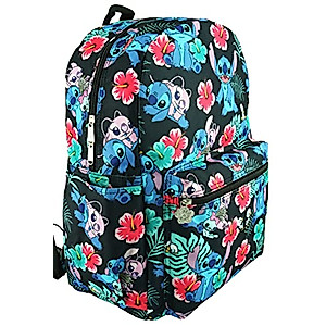 Lilo and Stitch 16 Inch Allover Print Backpack with Laptop Sleeve (Black W/Side Pockets)