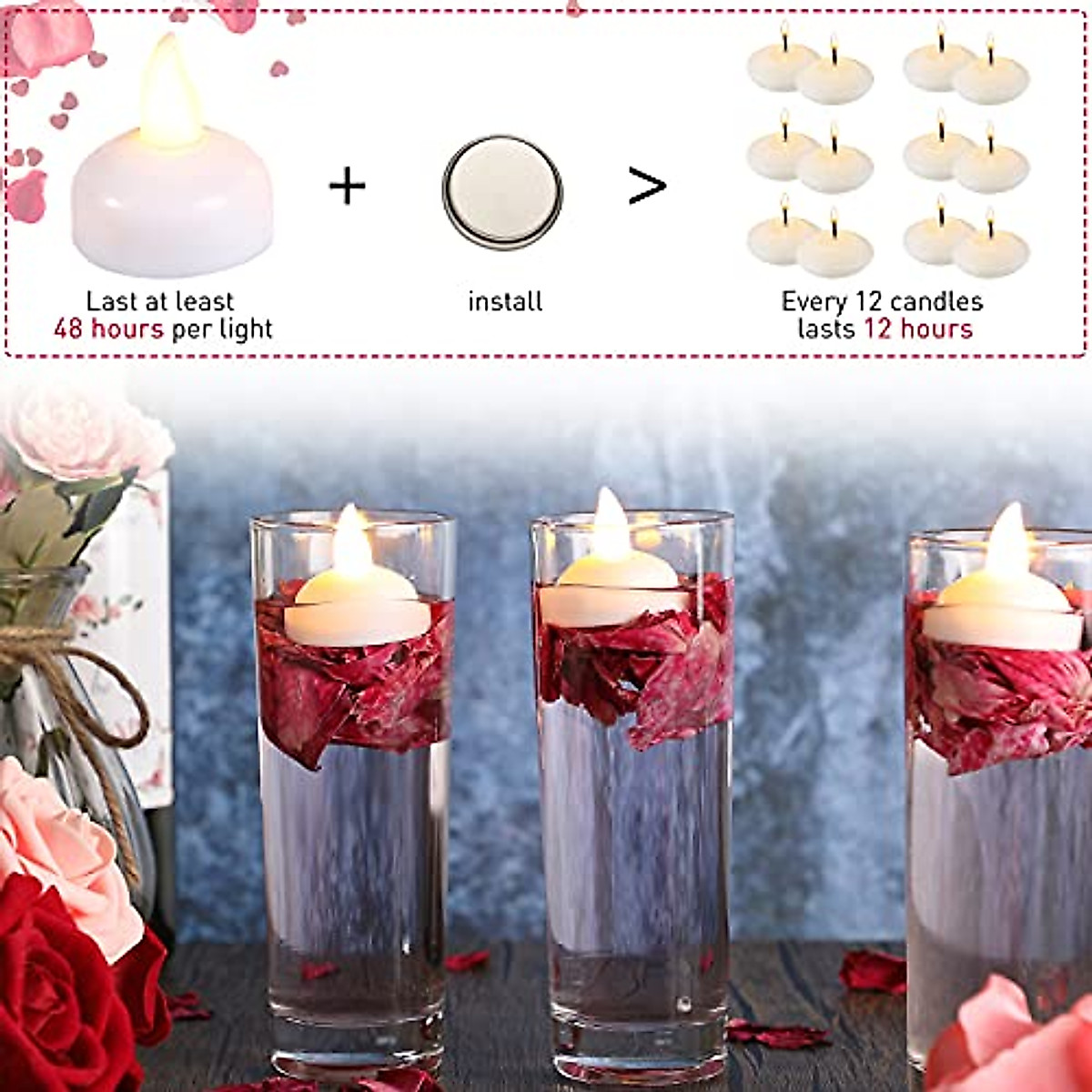 12 Pcs Flameless Floating Candles Tealights Valentine's Day Romantic Decor Waterproof Battery Candles with Dried Rose Petals for Birthday Anniversary Wedding Centerpiece SPA Party Supplies