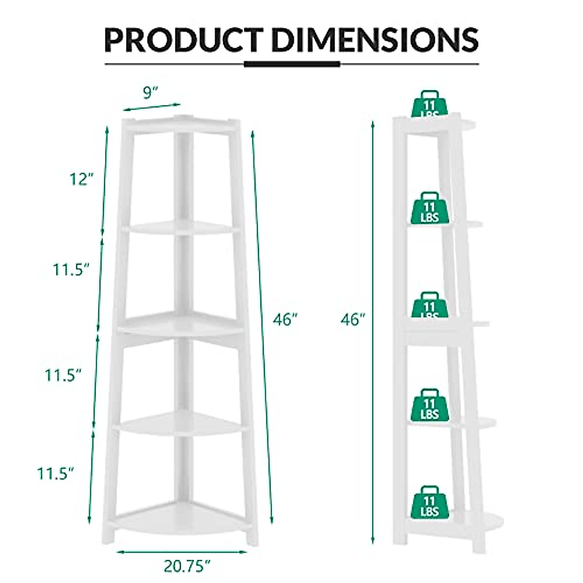 VIVIJASON 5 Tier Corner Shelf – Modern Wall Corner Storage Rack Plant Stand Small Bookshelf - Freestanding Ladder Shelf Display Organizer for Living Room, Kitchen, Home Office, Small Space (White)