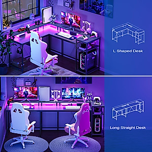 Jojoka 68" L Shaped Gaming Desk, Computer Desk with Power Outlets & LED Lights, Home Office Desk with File Drawer, Corner Desk with Monitor Shelf and Hook, Two Person Desk (Black)
