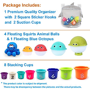 MoraBaby Baby Bath Stacking Toys with Organizer Bag, 8 Stacking Cup Toys, 4 Stack Up Squirts Animal Balls and 1 Floating Blue Octopus, Bath Time Fun Splash Toys, Gifts for Toddler 1-3 Years