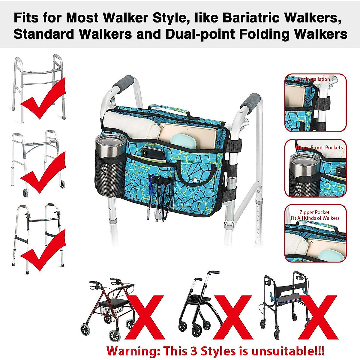 Double Sided Walker Bag, Walker Organizer Pouch Tote for Rollator and Folding Walker (Plaidblue)
