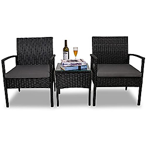 4 pcs Outdoor Patio Furniture Sets, Rattan Sofa Chair Set, Wicker Conversation Set, Poolside Lawn Chairs with Tempered Glass Coffee Table, Porch Balcony Garden Furniture (3PC-Grey Cushion 2)