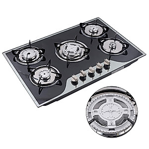 Gas Cooktop 30" Gas Cooktop 5 Burners Gas Stove Gas Hob Stovetop Tempered Glass Cooktop Cast Iron Grates Built-in Gas Stove Top Gas Cooktop Thermocouple Protection (Style 1)