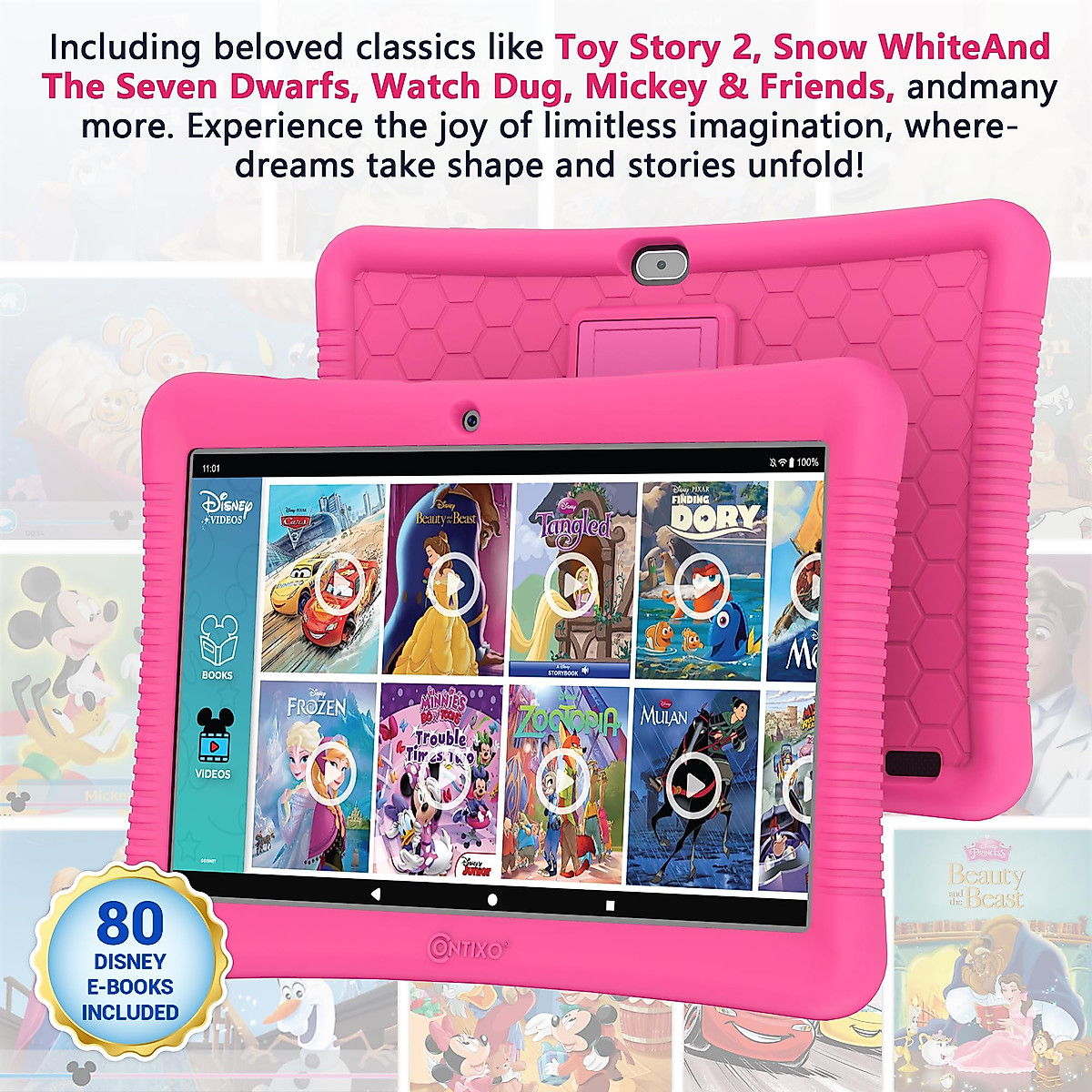 Contixo Kids Tablet, K102 Tablet for Kids and Tablet Sleeve Bag Bundle,10-inch HD, Ages 3-7, Toddler Tablet with Camera, Parental Control, Android 10, 64GB, WiFi, Learning Tablet for Kids - Pink