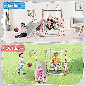 BIERUM 4 in 1 Toddler Slide and Swing Set, Kid Slide for Toddlers Age 1-3, Baby Slide with Basketball Hoop, Indoor Outdoor Slide Toddler Playset Toddler Playground Pink
