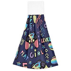 SLHKPNS Pink Girl Joysticks Kitchen Hanging Hand Towels, Video Game Controller Absorbent Tie Towel with Loop 2 PCS Kitchen Linen Sets for Bathroom Restroom Home Decor