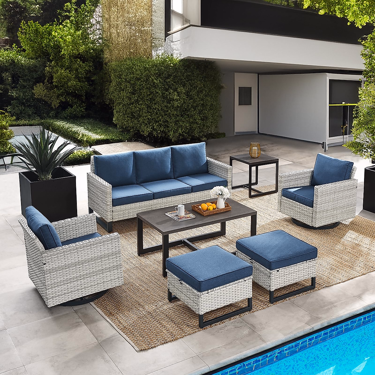 HUMMUH 7 Piece Patio Furniture Set Outdoor Sectional Sofa,High Back Patio Swivel Glider Chairs with Ottomans Coffee Table for Porch,Garden,Backyard…