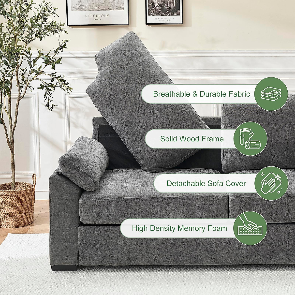 IDEALHOUSE 80" Sofas Couches for Living Room, 3 Seater Chenille Recliner Sofa Mid-Century Modern Sofa Couch with Space Spring Cushion and Solid Wood Frame, Removable Back and Seat Cushions