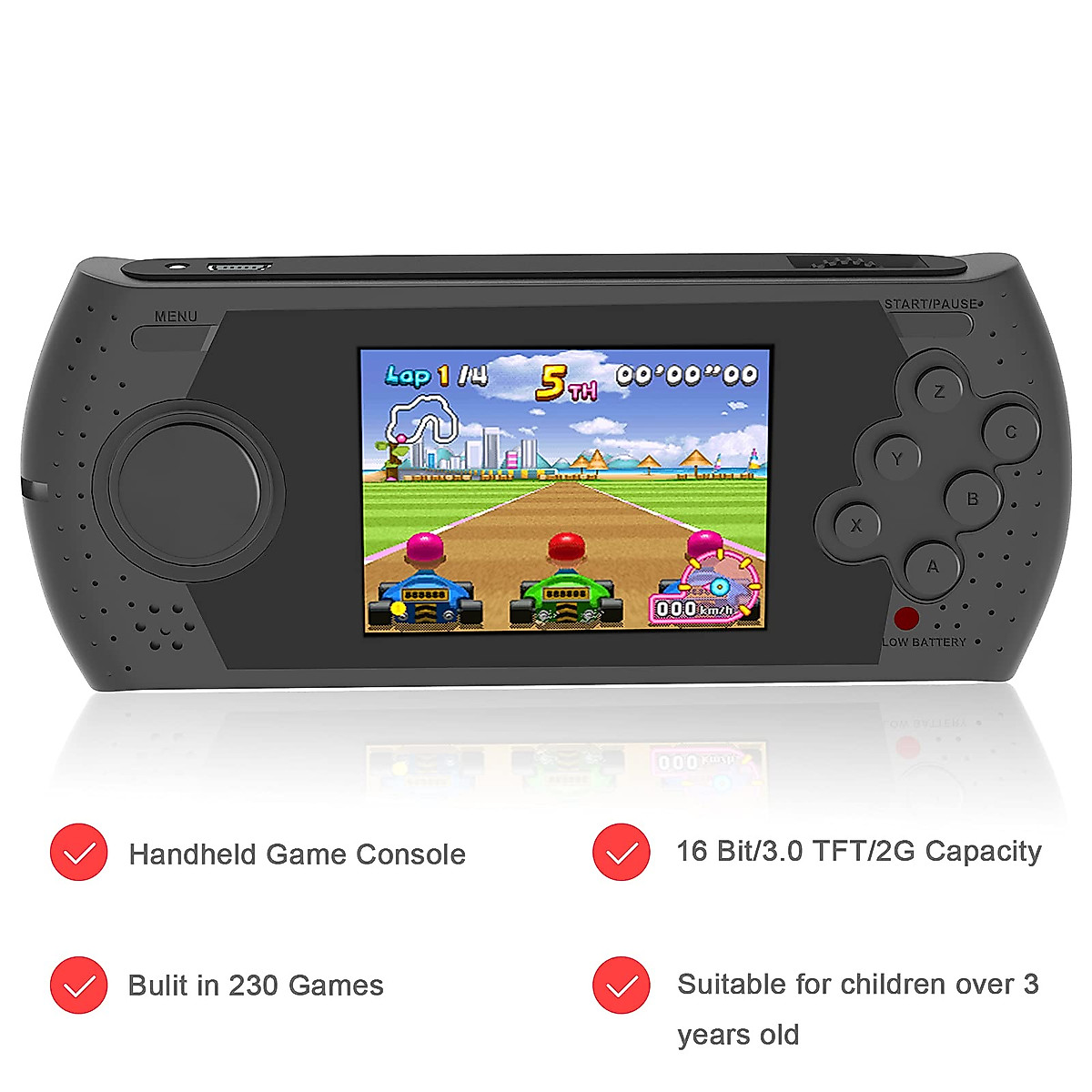 Handheld Games for Kids 16 Bit Retro Video Game Player Built-in 230 HD Games 3” TFT Screen Rechargeable Electronic Games Support Headphone for Best Gift (Black)