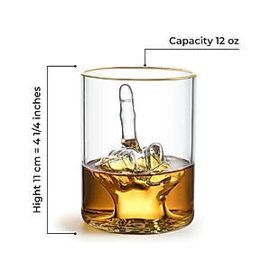 RUGLUSH Middle Finger Funny Whiskey Glass – Premium Up Yours Funny Glass for Whiskey, Liquor – Luxurious Gold Rim – Home Bar Accessories Ideal for Man Cave, Fun Gag Gift Patent-Pending