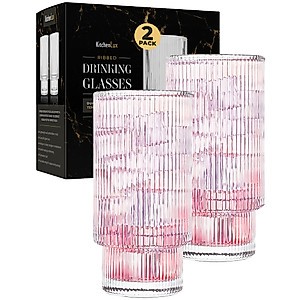 Kitchen Lux Ribbed Drinking Glasses - Ribbed Glass Cups 12 oz - Ribbed Glassware Set of 2 - Textured Vintage Retro Ripple Aesthetic Glass Ware for Whiskey Cocktail Beer Water, Coffee Bar Accessories