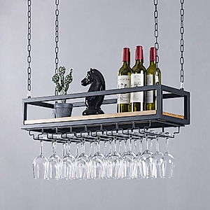 RZGY Hanging Wine Rack with Glass Holder and Shelf, Ceiling Mounted Wine Rack Adjustable Industrial Hanging Wine Bottle Holder, 39in Metal Iron Wine Shelf Black