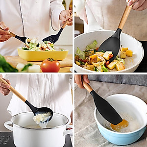 IOCBYHZ Silicone Kitchen Utensils Set of 6, Cooking Utensils Set with Heat Resistant Wooden Handle, Nonstick Silicone Spatula Spoon Turner Ladle Set, Silicone Kitchen Gadgets Utensil Set for Cookware