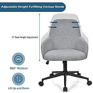Giantex Fabric Office Chair, Upholstered Linen Leisure Chair, Ergonomic Desk Chair w/Rocking Backrest, Modern Vanity Chair, Swivel Adjustable Task Chair for Bedroom & Study (Grey)