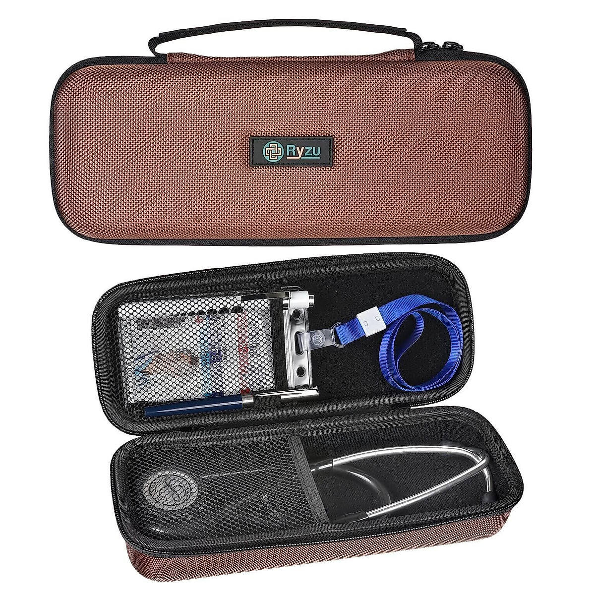 Ryzu Stethoscope Brown Hard Case - Dual Mesh Pockets – Velvet Lining - Durable - Compatible with Littmann and Most Brands