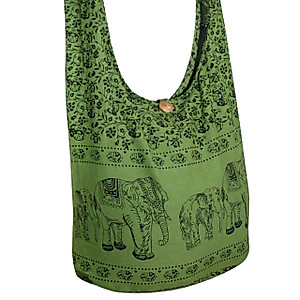 Thai Monk Buddha Cotton Elephant Sling Crossbody Messenger Bag Shlouder Purse Hippie Hobo Color Green