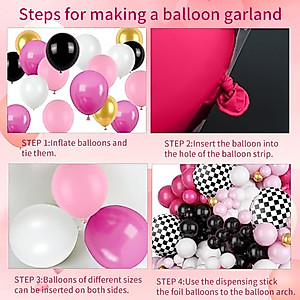 FunHot Pink Race Car Balloon Arch Garland Kit, Hot Pink Black Balloons Arch with Black and White Plaid Foil Balloons for Kids Girls Racing Car Theme Birthday Baby Shower Party Decorations