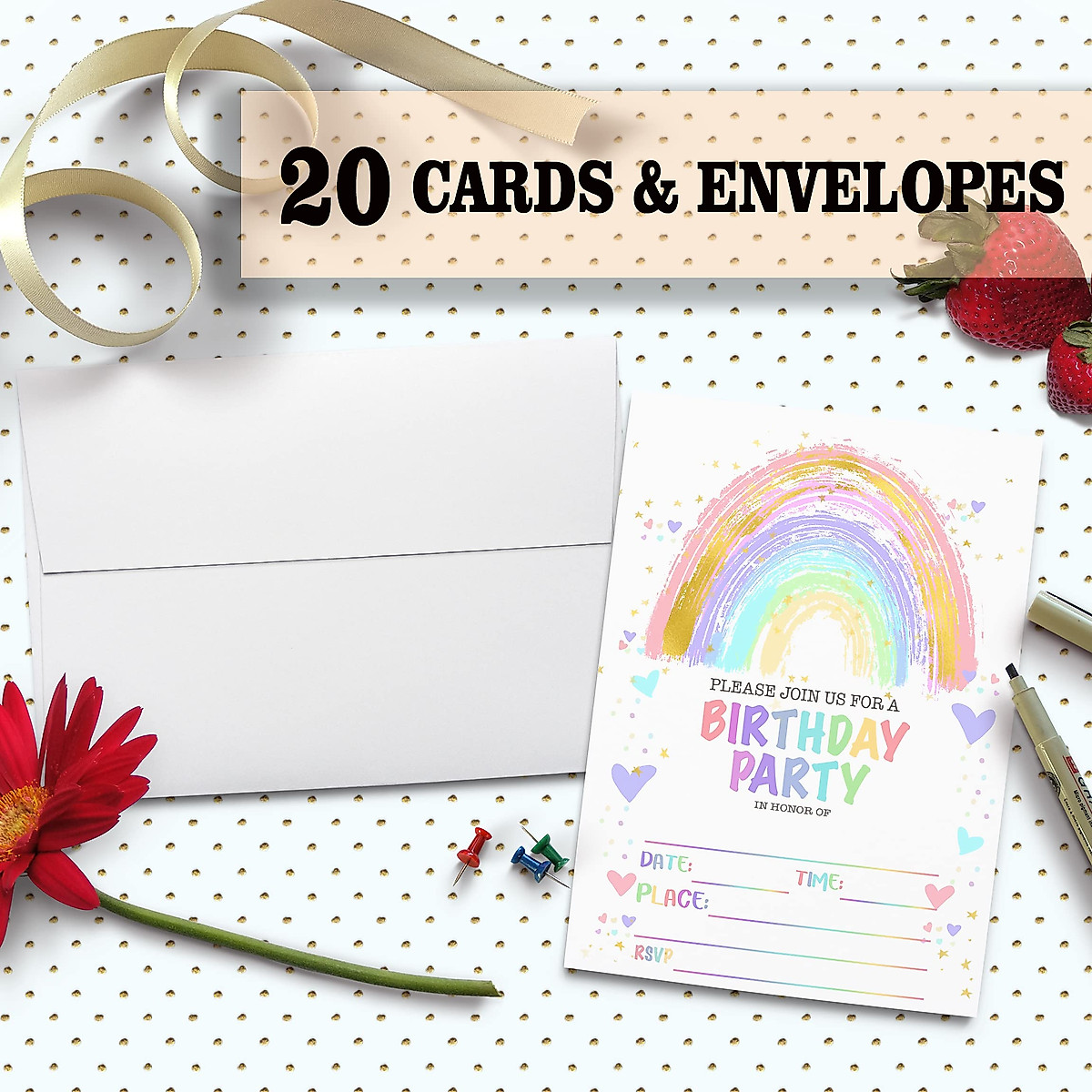 Nopoben Birthday Party Invitation Cards, Rainbow Birthday Party Invitation, Kids Party Celebration, 20 Cards With 20 Envelopes – (caihong01)
