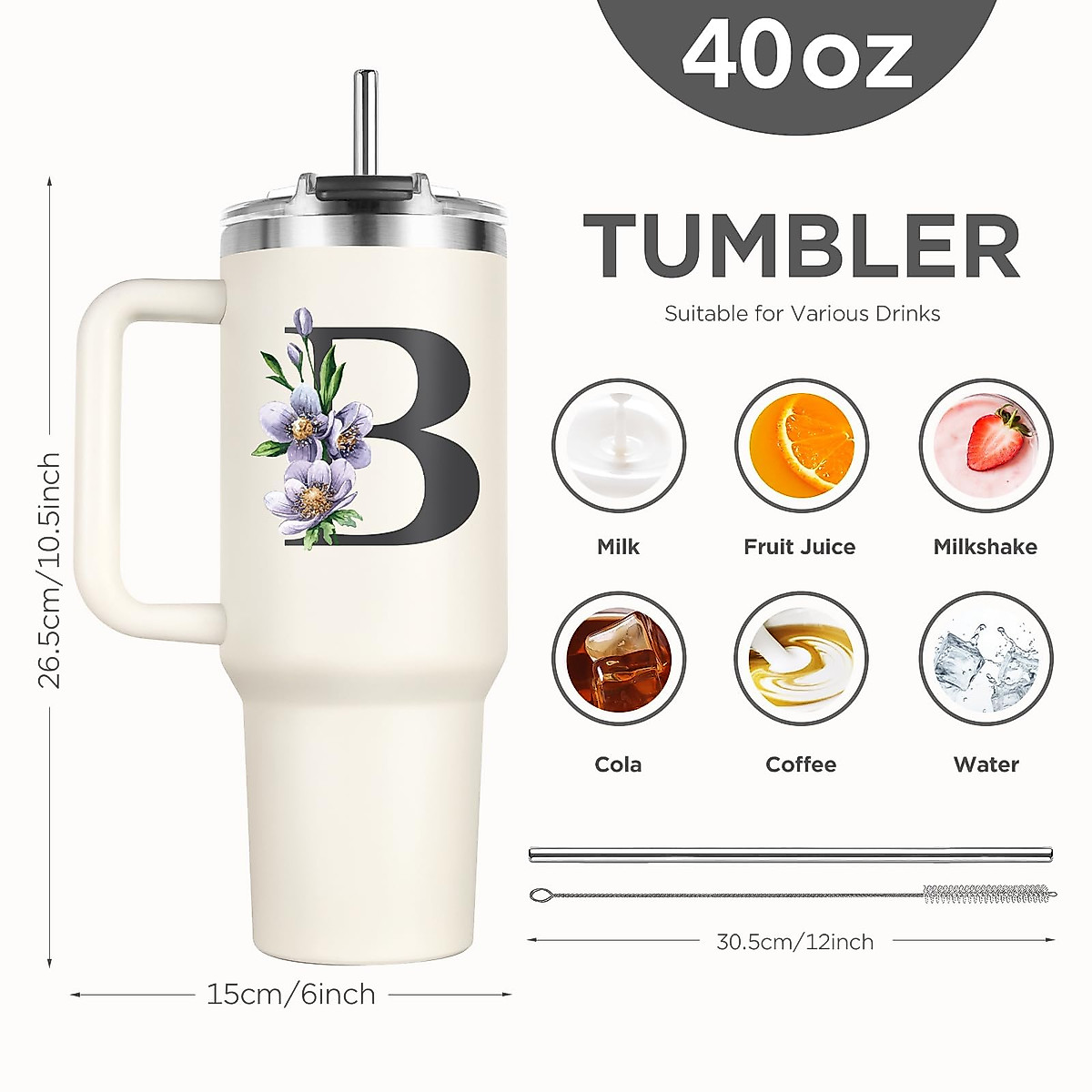 Leebbsin Initial 40 oz Tumbler with Handle, Personalized Birthday Gifts for Women, Monogrammed Travel Tumbler for Mom, Wife, Sister, Customized Cup for Water Tea Coffee, Regalos Para Mujeres（B）