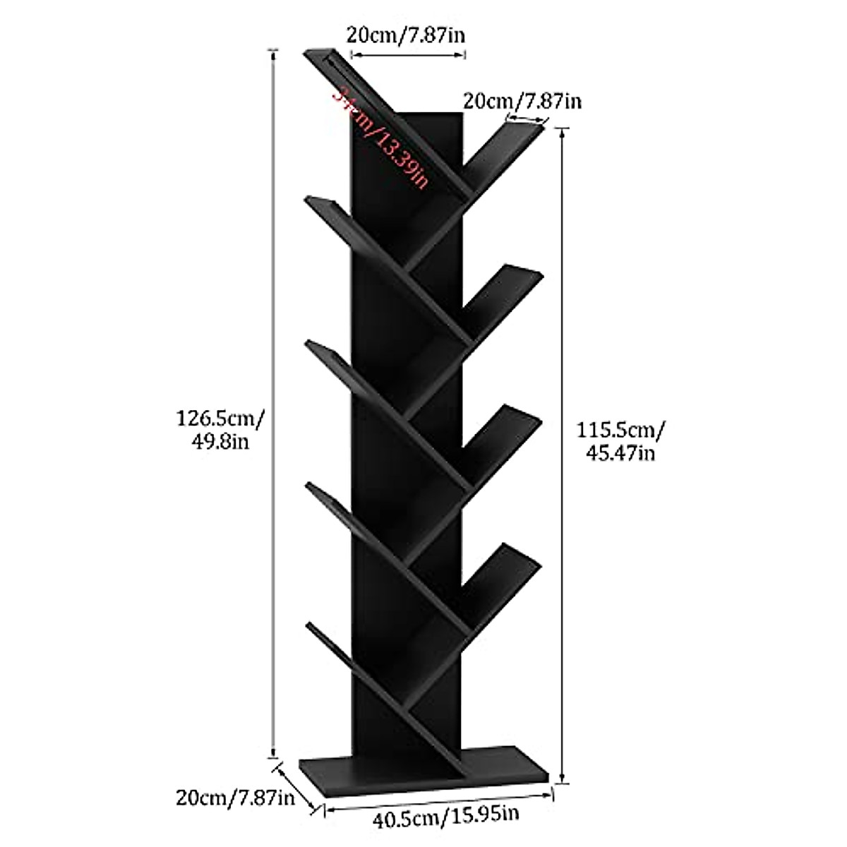 Yusong Tree Bookshelf, 9-Tier Book Tree Shelf Bookcase for Living Room Bedroom, Floor Standing Magazine CD Organizer Rack for Home Office, Black