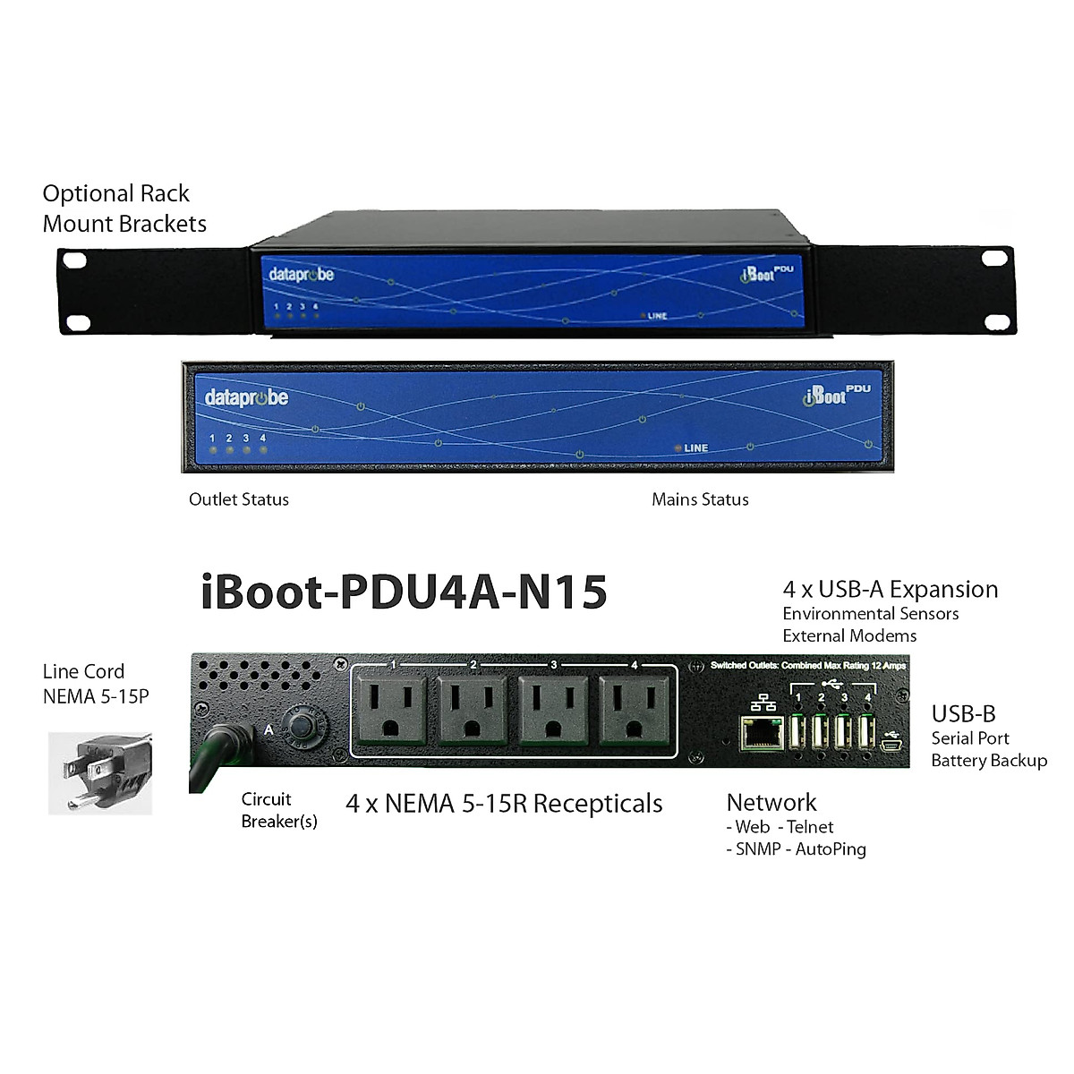 Dataprobe iBoot-PDU4A-N15, 115VAC/15A, 4 Outlets (NEMA 5-15R), 1U Rack Mount Power Strip, 7' Power Cord, Switched & Managed PDU with Cloud, Server Rack PDU, Smart Power Strip