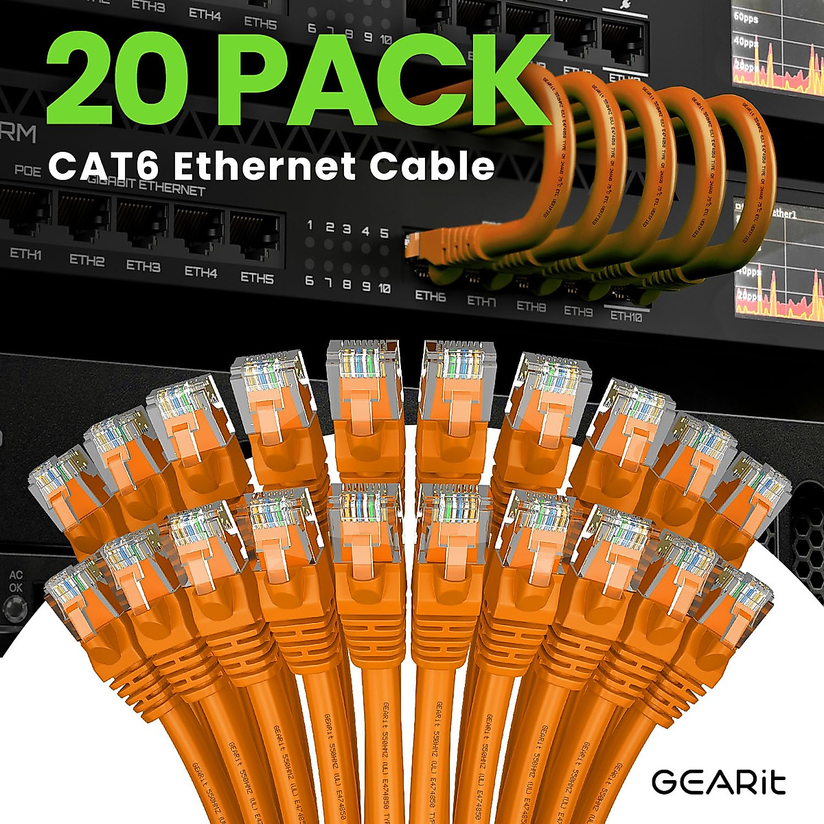 GearIT Cat 6 Ethernet Cable (20-Pack 5 Feet) Cat6 Network Patch, 10Gbps, RJ45, Snagless Cord, Gold-Plated Connectors, Internet for PC, TV, Tablet, Router, Printer, Servers, IT Data Center - Orange