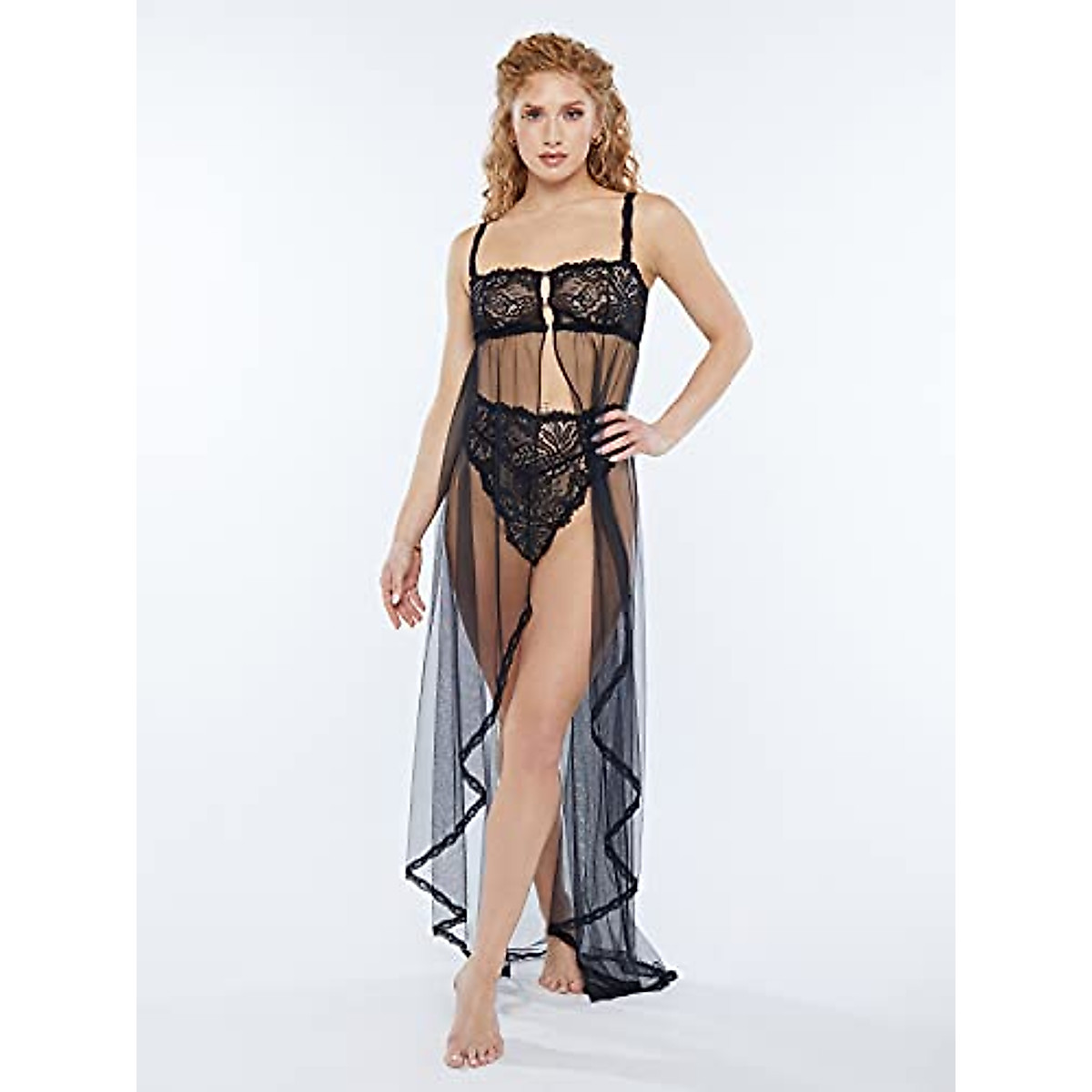 Savage X Fenty, Women's, Romantic Corded Lace & Tulle Maxi Slip, Caviar, M