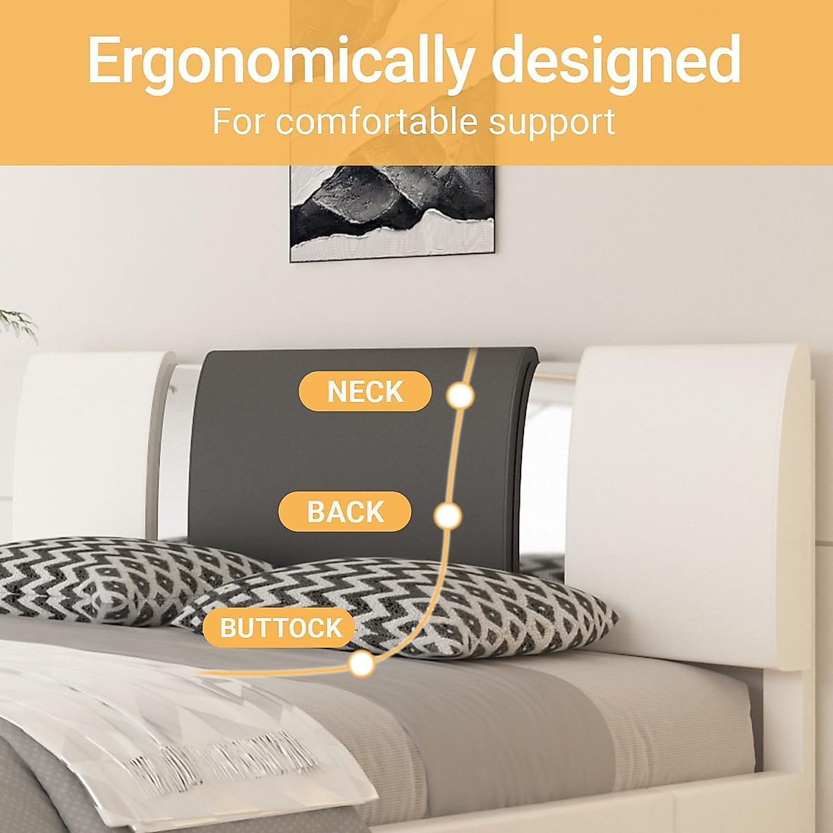 Benevika Modern Low Bed Frame with LED Lights,Faux Leather Full Size Platform Bed with Headboard, Strong Wooden Slats Support, No Box Spring Needed, White & Black