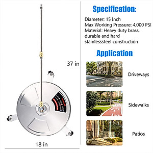 Twinkle Star 15" High Pressure Washer Surface Cleaner with 3 Wheels, Stainless Steel Housing & 1/4" Quick Connector, Power Washer Accessories; 2 Extension Wand, 2 Replacement Nozzles, 4000 PSI