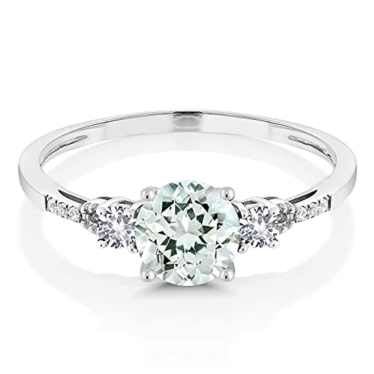 Gem Stone King 10K White Gold 6MM Round Gemstone Birthstone White Created Sapphire & White Diamond Accent 3-Stone Engagement Ring | Three-Stone Wedding Anniversary Promise Ring For Women