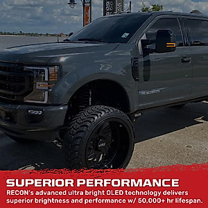 RECON Ford 17-24 Super Duty F250/F350/F450 Side Mirror Lenses (2-Piece Set) w/Amber LED Running Lights, Amber Blinking LED Turn Signals & White LED Spot Lights - Smoked Lens