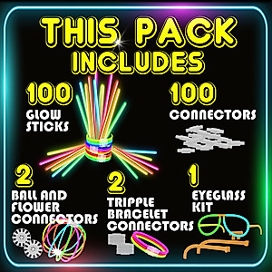 PartySticks Bulk Party Supplies 205 Piece Glow in The Dark 100 Glow Sticks with Eye Glasses, Bracelets, and Connectors