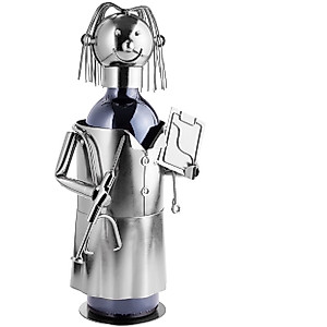 BRUBAKER Wine Bottle Holder Female Doctor - Metal Sculpture Bottle Stand - 7.9 inches - Wine Gift for Patients Female Specialist Medical Students for Study - with Greeting Card