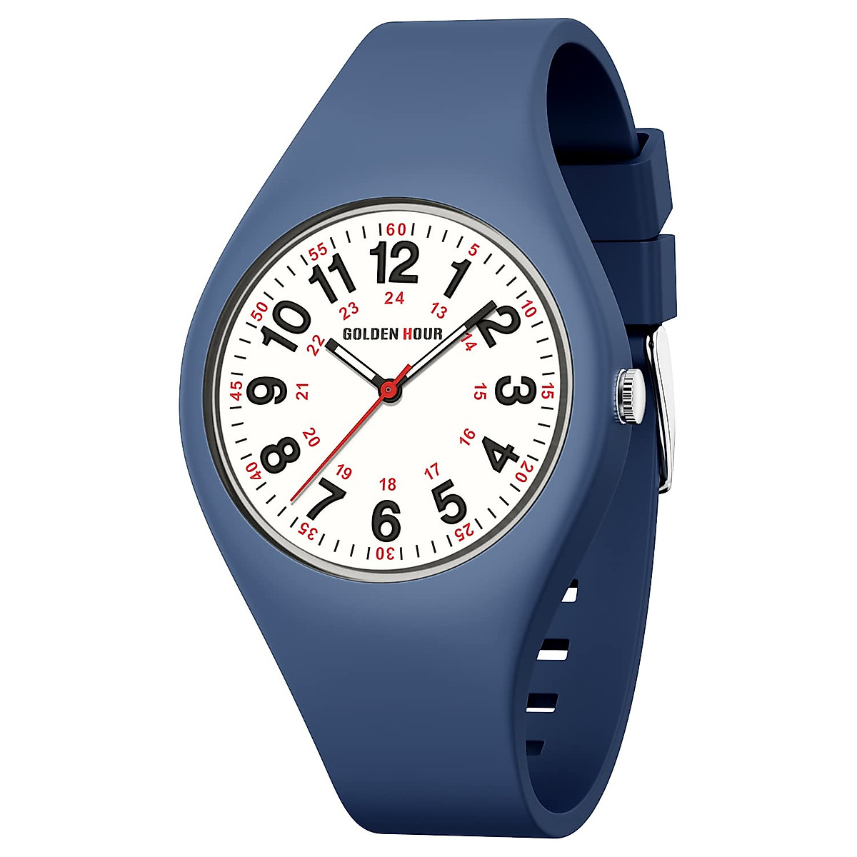 GOLDEN HOUR Waterproof Sports Analog Unisex Watches for Nurse Medical Professionals, Students - Military Time Glowing Easy to Read Dial, Jelly Silicone Strap in Navy Blue