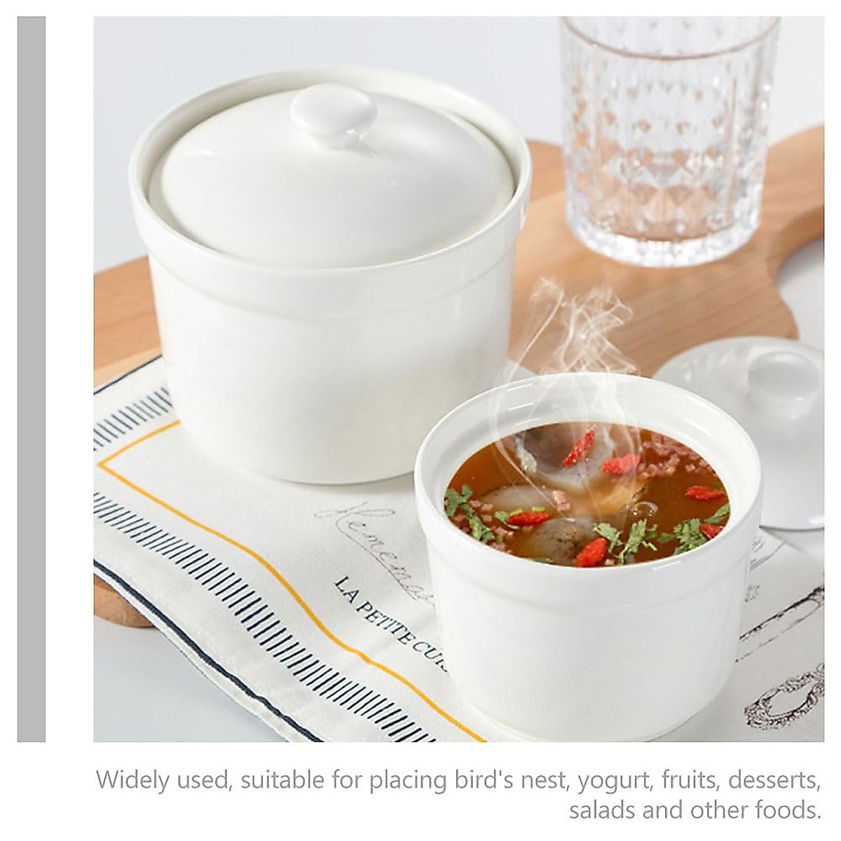 Luxshiny 2pcs Soup Cups with Lids White Ceramic Stew Pot with Lid Steam Soup Bowl Steaming Cup Soup Noodle Bowl Stockpot Cookware for Egg Custard Medicinal and Birds Nest 4 Inches