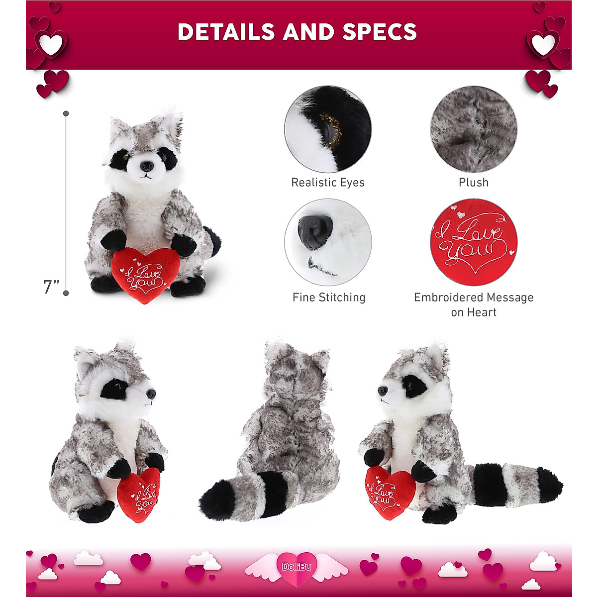 DolliBu I Love You Valentine Plush Raccoon - Cute Stuffed Animal with Red Heart and Name Personalization Gift for Valentines Day, Birthday, Anniversary, Romantic Date - 9 Inches
