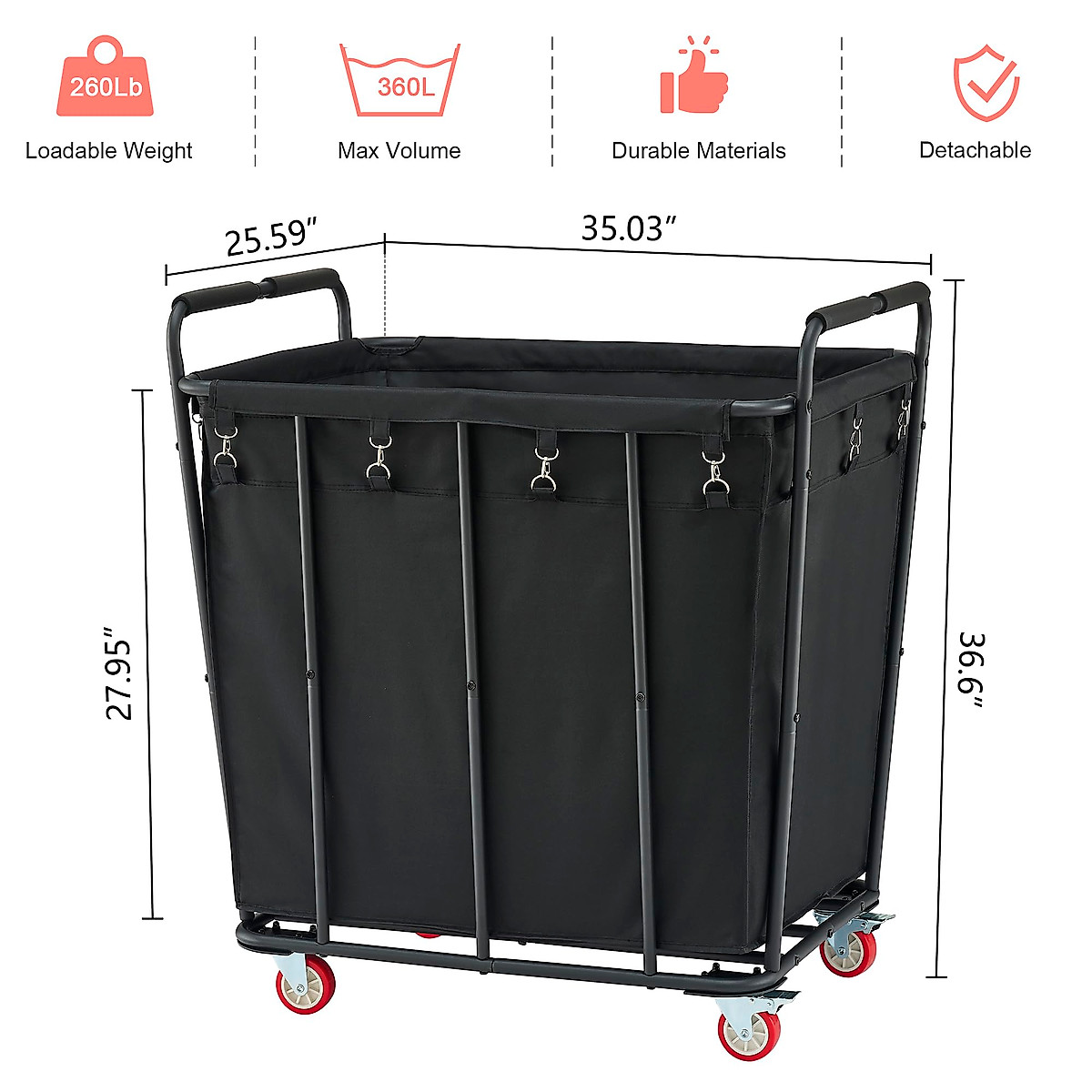 Hoctieon Large Rolling Laundry Hamper with Wheels, Laundry Sorter Cart for Clothes Storage, Durable Laundry Basket with Lockable Wheels, Heavy Duty Clothes Hamper for Laundry & Bedroom, Black