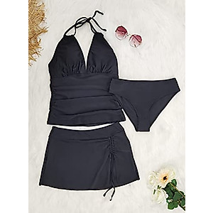 SuperPrity Tankini Bathing Suit for Women with Skirt Bottom Sexy V Neck Self Tie Backless Ruched Swimsuit Tummy Control Swim Tank Top with Shorts-XL,Black