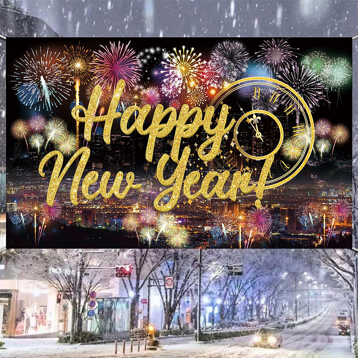 Famoby Happy New Year Fabric Sign Poster Backdrop with Fireworks for New Year Photo Booth Background Party Decoration