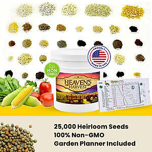 Heaven’s Harvest “10 Year Garden” Survival Seed Bank Kit | Over 25k Non GMO Heirloom Vegetable Survival Seeds + 2 Free Bonus Items: Clyde’s Garden Planner + Seed Vault Storage Drum for 10 Year Storage