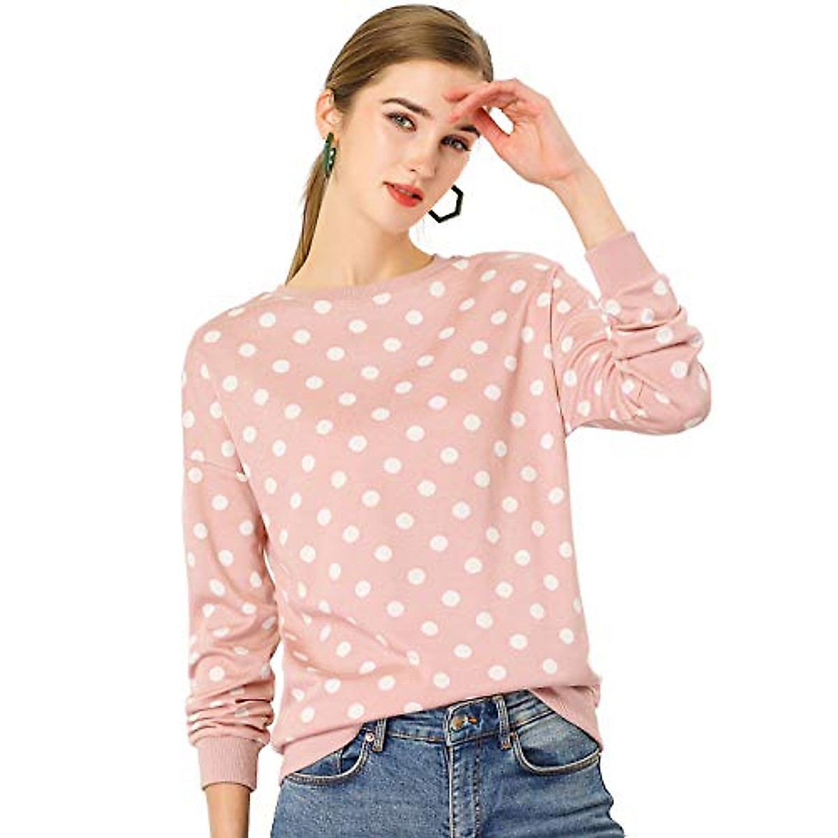 Allegra K Women's Winter Fall Casual Pullover Crewneck Long Sleeve Polka Dots Sweatshirt Sweater Small Pink