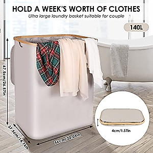 zzolee - Laundry Basket 140L with Lid, Extra Large Laundry Hamper with 3 Removable Liners (3 Compartments), Holds Up to A Week's Worth of Clothes for Family, 22x15x26 inch (Beige)