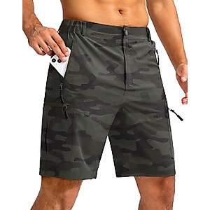 Pudolla Men's Hiking Cargo Shorts 9" Lightweight Outdoor Work Shorts for Men Travel Golf Camping Casual with 5 Zipper Pockets(Green Camo Large)