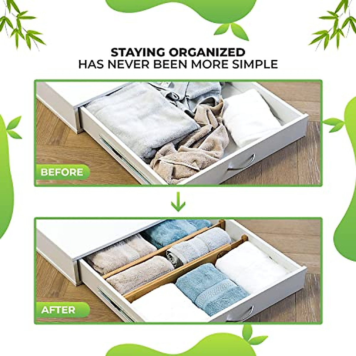 Nature Trends 4pcs Adjustable Bamboo Drawer Dividers, Spring Loaded Large Wooden Dresser Drawer Dividers for Kitchen, Bathroom, Bedroom, Baby Drawer, Office (Large (upto 21.5 inch) ) Natural