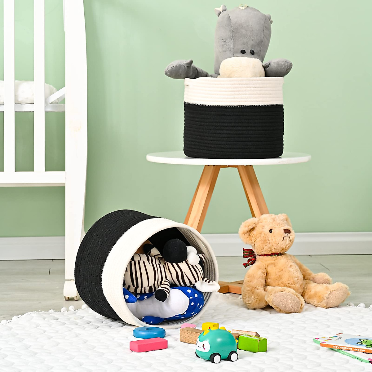 BNDSKLAI Cotton Rope Storage Baskets 11 x 11 x 9 inches, Cube Shelf Storage Organizer for Laundry, Towel, Clothes, Books, Shelves(White/Black, 1Pack)