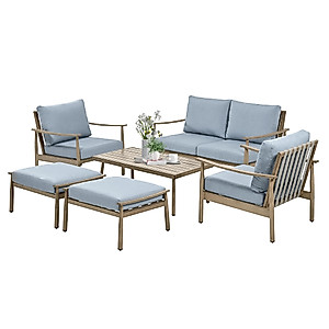 HAPPATIO Patio Outdoor Furniture Set - 6 Pieces Aluminum Outdoor Conversation Set with 1 Cushioned Loveseat, 2 Armchairs, 1 Coffee Table, and 2 Ottomans for Yard, Porch, and Deck (Brown)
